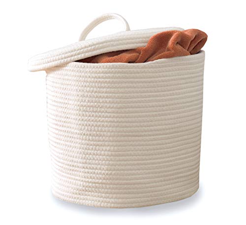 Cotton Rope Storage Basket with Lid | Large Woven Baskets and Handles 15" x 13" | for Nursery, Laundry, White Round Hamper, Home Living Room Floor, Toy Organizing bins, Blanket, Pillow and Big