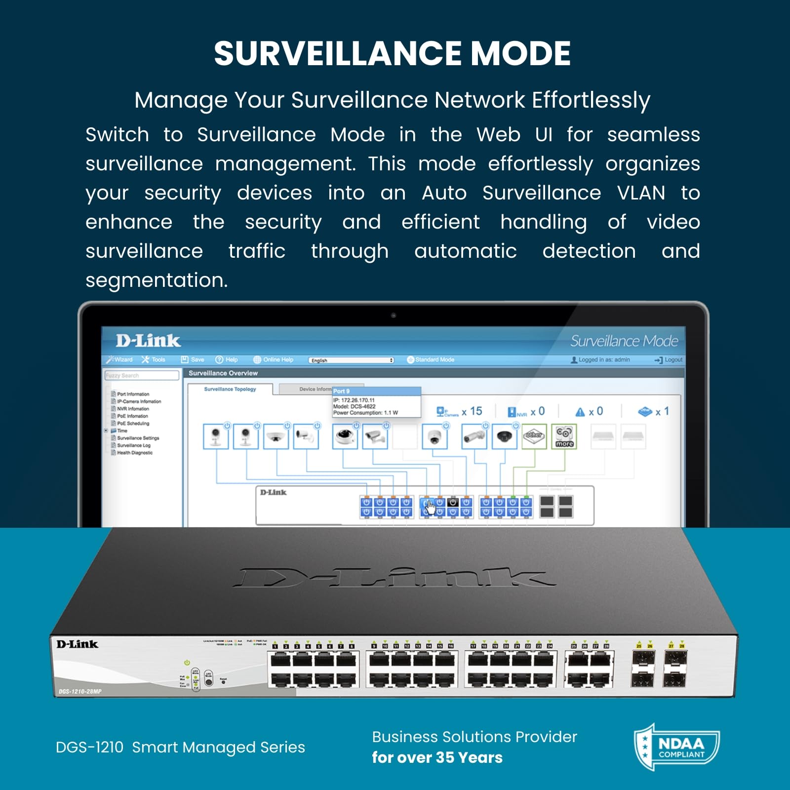 D-Link 28-Port Gigabit Smart Managed Switch | 24 GbE + 4 SFP Combo Ports | L2+ | VLANs | Cable Diagnostics | Web UI | Rackmount | Fanless | NDAA Compliant | Lifetime Warranty (DGS-1210-28)