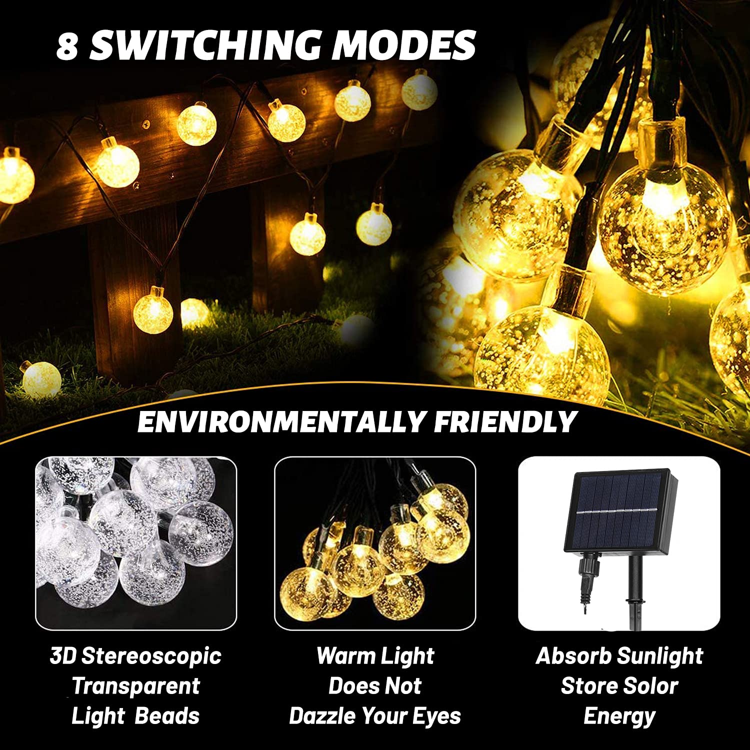 DING.PAI Solar Outdoor String Lights, Waterproof Solar Lights Outdoor with 80 LED Crystal Lamp Beads 8 Switching Modes for Garden Yard Porch Wedding Party Decor (Warm Yellow, 40FT)