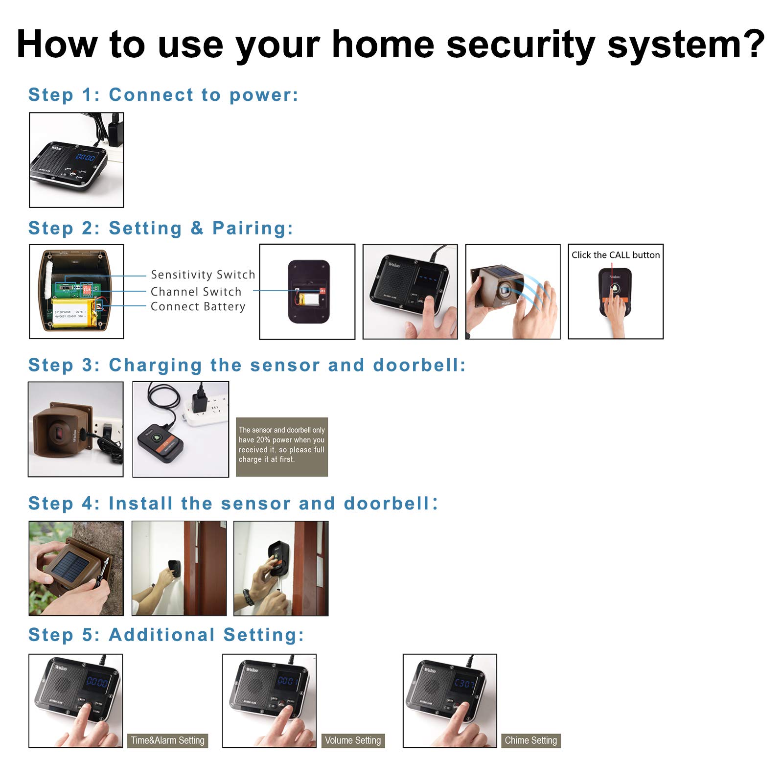 Wuloo Wireless Doorbells for Home, Solar Driveway Alarm, Multifunctional Wireless Home Security System, Rechargeable Battery/Weatherproof/Mute Mode/Clock and Alarm (1 Receiver 1 Sensor 1 Doorbell)