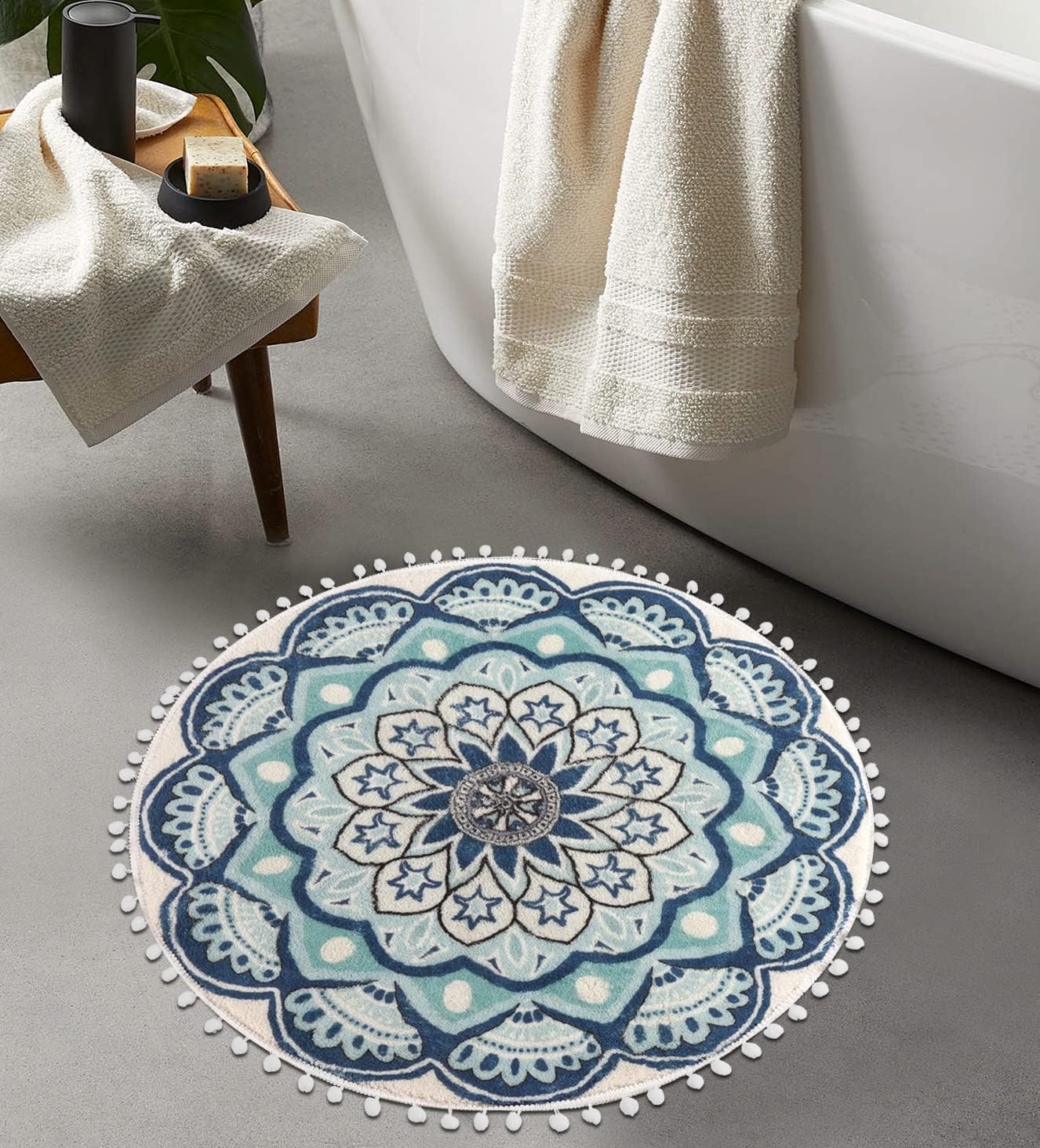 Uphome Small Round Rug 2.3ft Blue Boho Bathroom Rugs with Pom Pom Fringe Non-Slip Washable Mandala Circle Bath Mat Soft Cute Bohemian Throw Rug for Bedroom Sink Dorm Powder Room