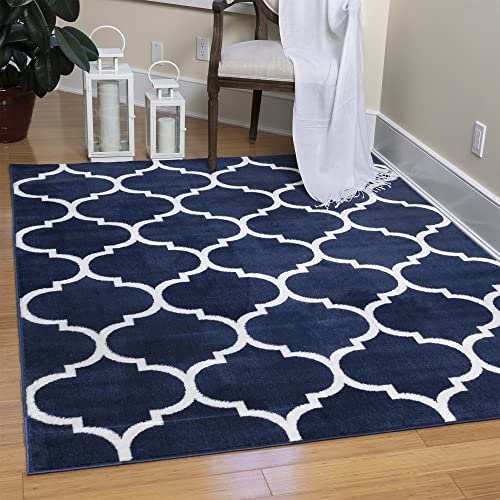 Ottomanson Royal Collection Moroccan Trellis Non-Slip Jute Backing Area Rug, 5'3" x 7', Navy