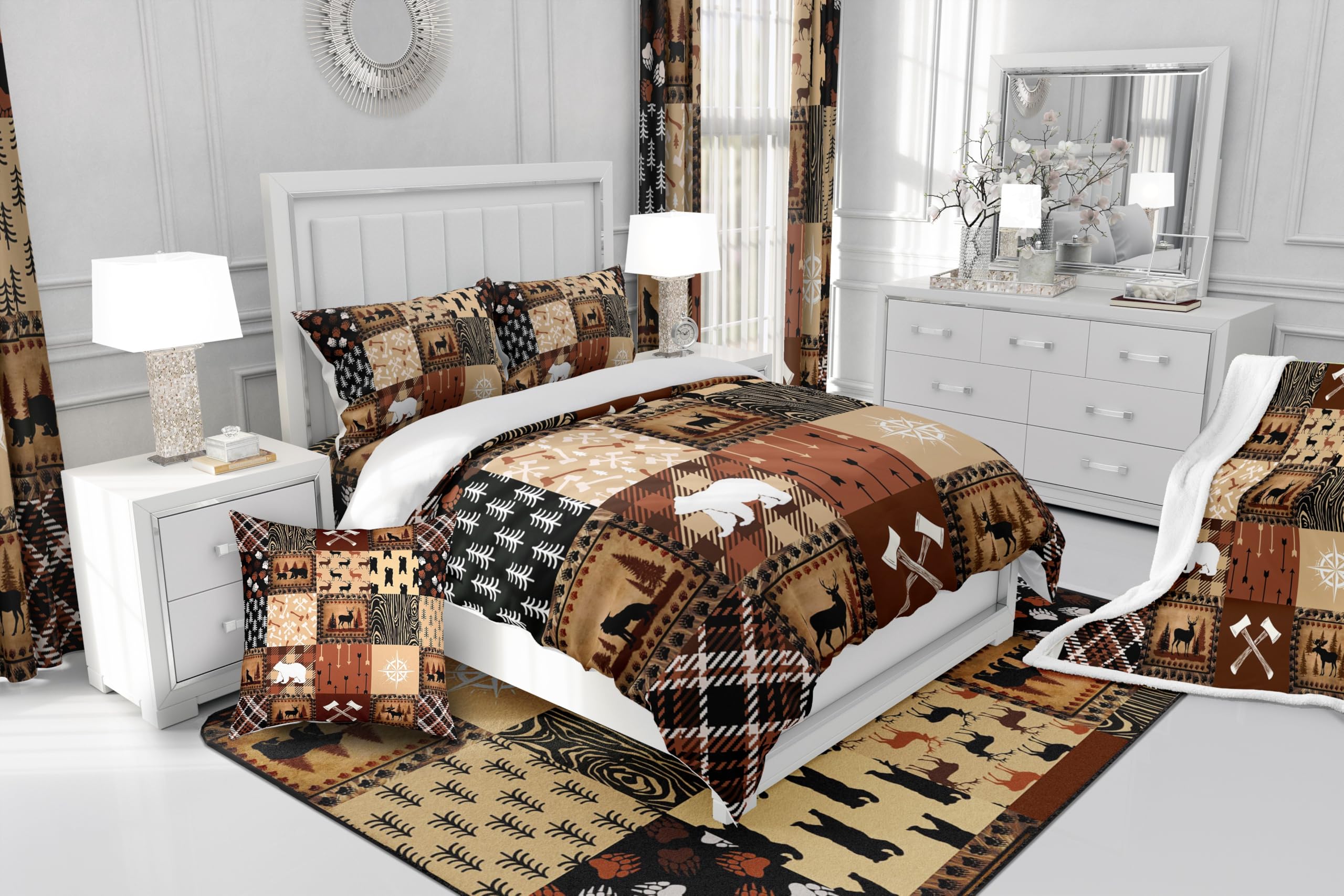 Bear Comforter Set Cute Elk Print Bedding Set for Teens Farmhouse Wild Animals Style Bedding Set Plaid Grid Geocmetric Brown Black Duvet Set Room Decor 2Pcs with 1 Pillow Case Twin Size