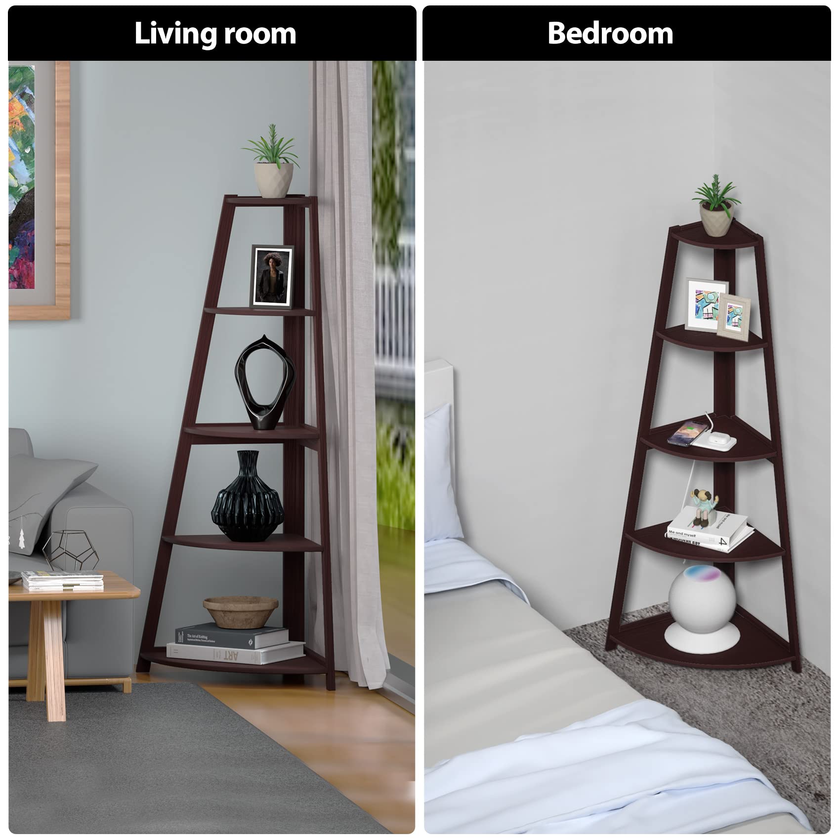 Corner Shelf, TopMade 5-Tier Corner Shelf Stand Industrial Ladder Bookcase Small Storage Rack Bookshelf Float Corner Shelves Wood Furniture Plant Stand for Living Room Kitchen Home Office-Rustic Brown