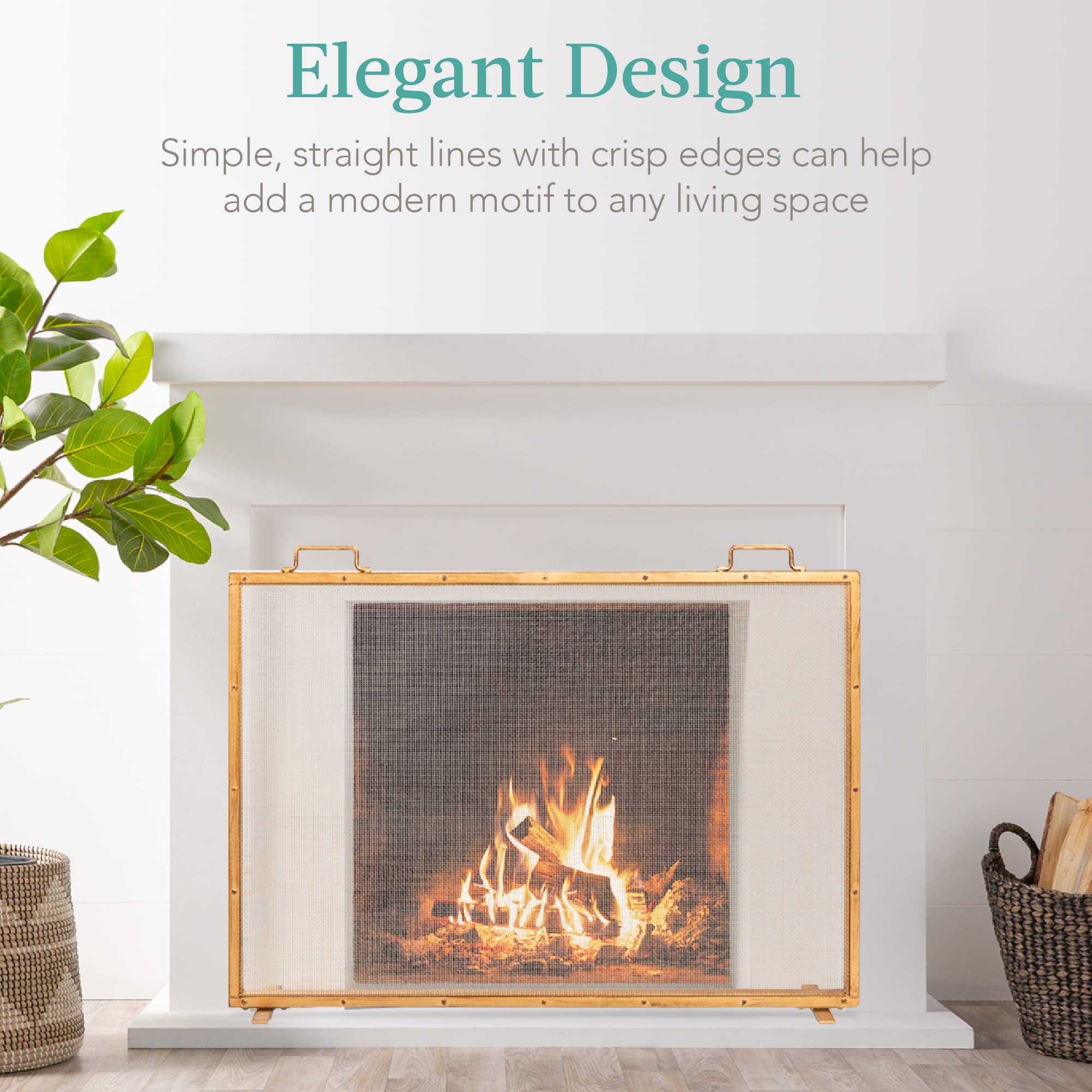 Best Choice Products 38x27in Single Panel Fireplace Screen Handcrafted Steel Mesh Spark Guard for Living Room, Bedroom Décor w/Handles - Antique Gold