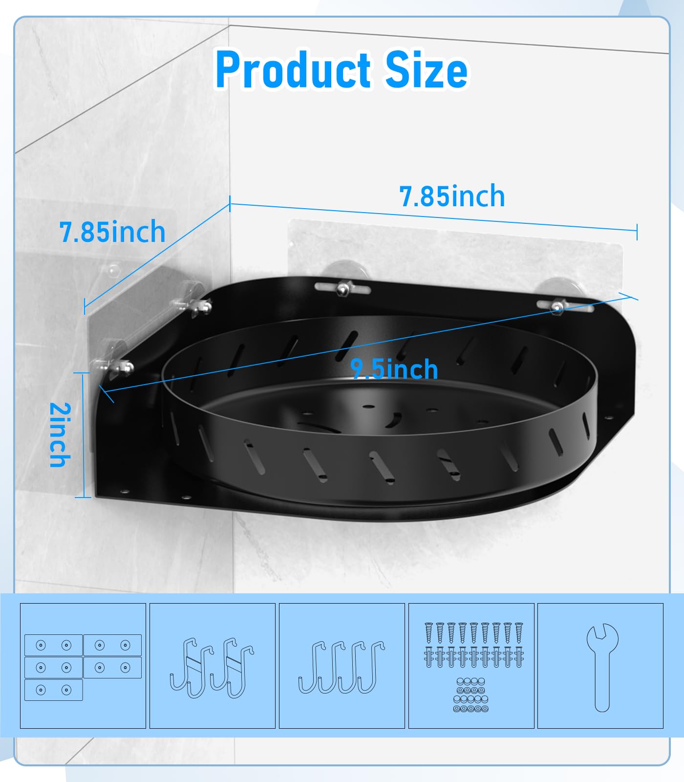 360°Rotating Corner Shower Caddy Shelf With 6 Hooks,2PACK Bathroom Lazy Susan Shower Organizer Corner with 5Pcs Adhesive,Stainless Steel Shower Racks for Inside Shower for Home Apartment Decor(Black)