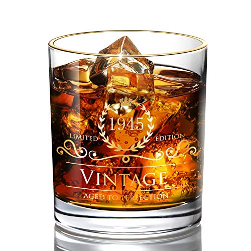 Lovinpro 1945 78th Birthday Gifts for Men/Dad/Son, Vintage Unfading 24K Gold Hand Crafted Old Fashioned Whiskey Glasses, Perfect for Gift and Home Use - 10 oz Bourbon Scotch, Party Decorations