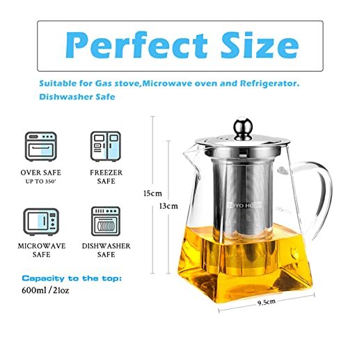 Glass Teapot with infuser, Tea Infusers for Loose Tea, Small Loose Leaf Tea pot, Heat resistant, Ideal for Tea Parties and Stovetop Brewing,600ml