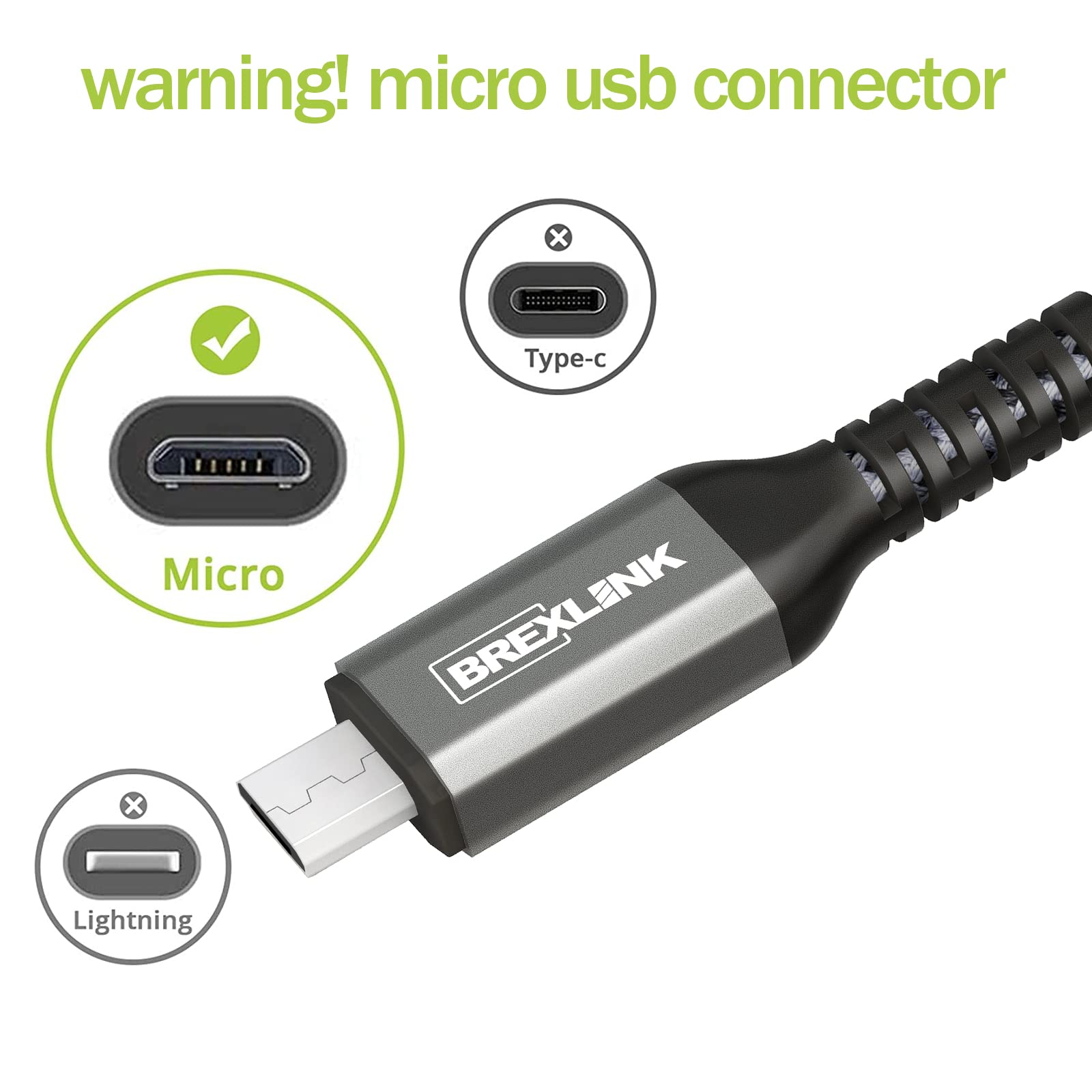 BrexLink Micro USB Cable Android (2-Pack, 6.6 FT), Micro USB to USB 2.0 Cable Nylon Braided Fast Charging Cable Compatible with Samsung, Kindle, Android Phones, Galaxy S7 Edge, Moto G5, PS4 (Grey)