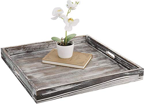 MyGift 19-inch Square Rustic Torched Wood Ottoman Tray with Vintage Metal Side Accent Wraps