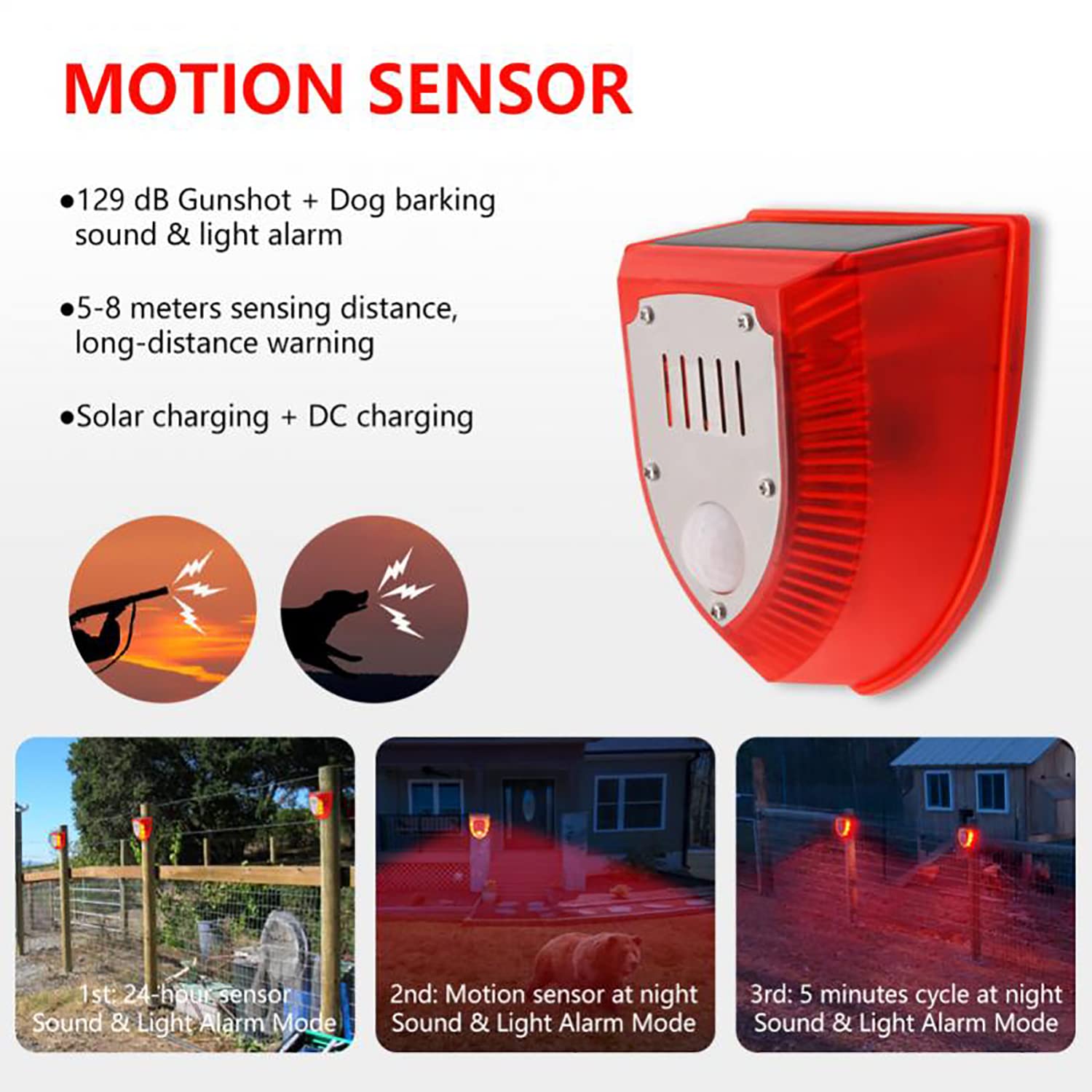 Solar Strobe Alarm Light: Solar Alarm Light with Motion Detector 129db Sound Security Siren Light IP65 Waterproof Outdoor Sensor Alarm for Home, Farm, Barn, Villa, Yard - Solar and DC Charge (1-Pack)