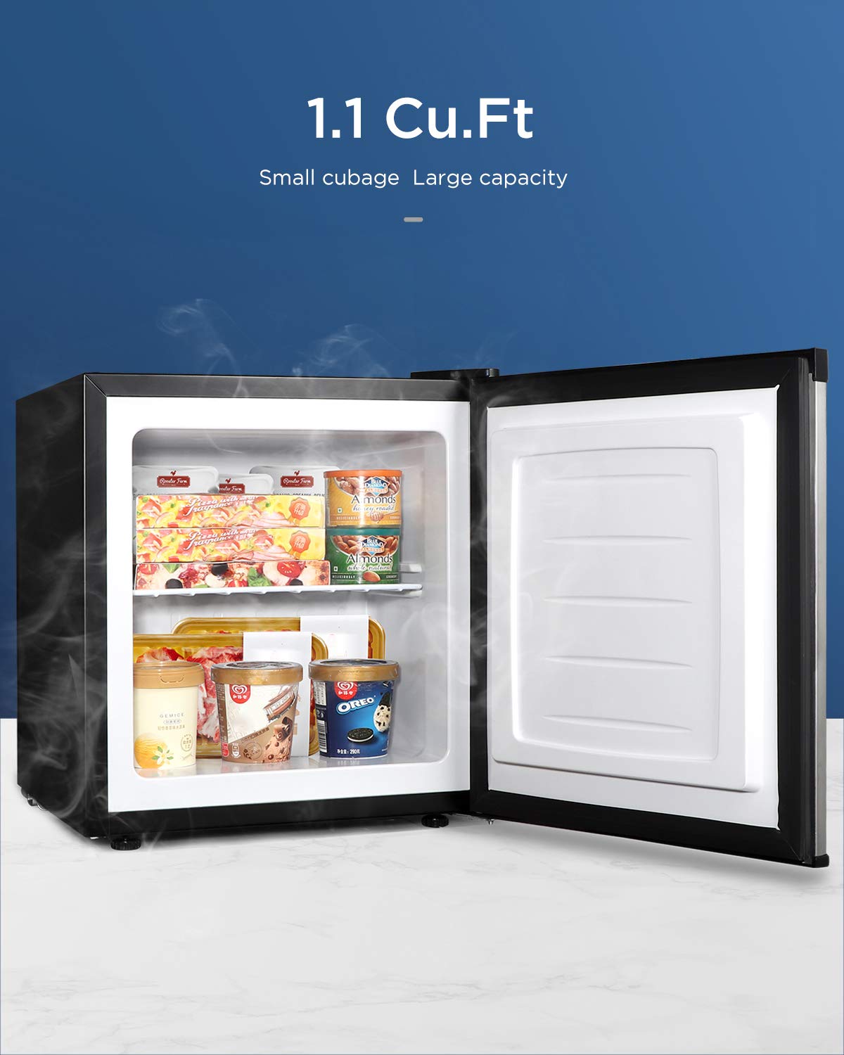 Upright Freezer - Compact Reversible Single Door Table Top Mini Freezer - Free Standing Freezing Machine with Removable Shelf(Silver, 1.1 Cubic Feet)