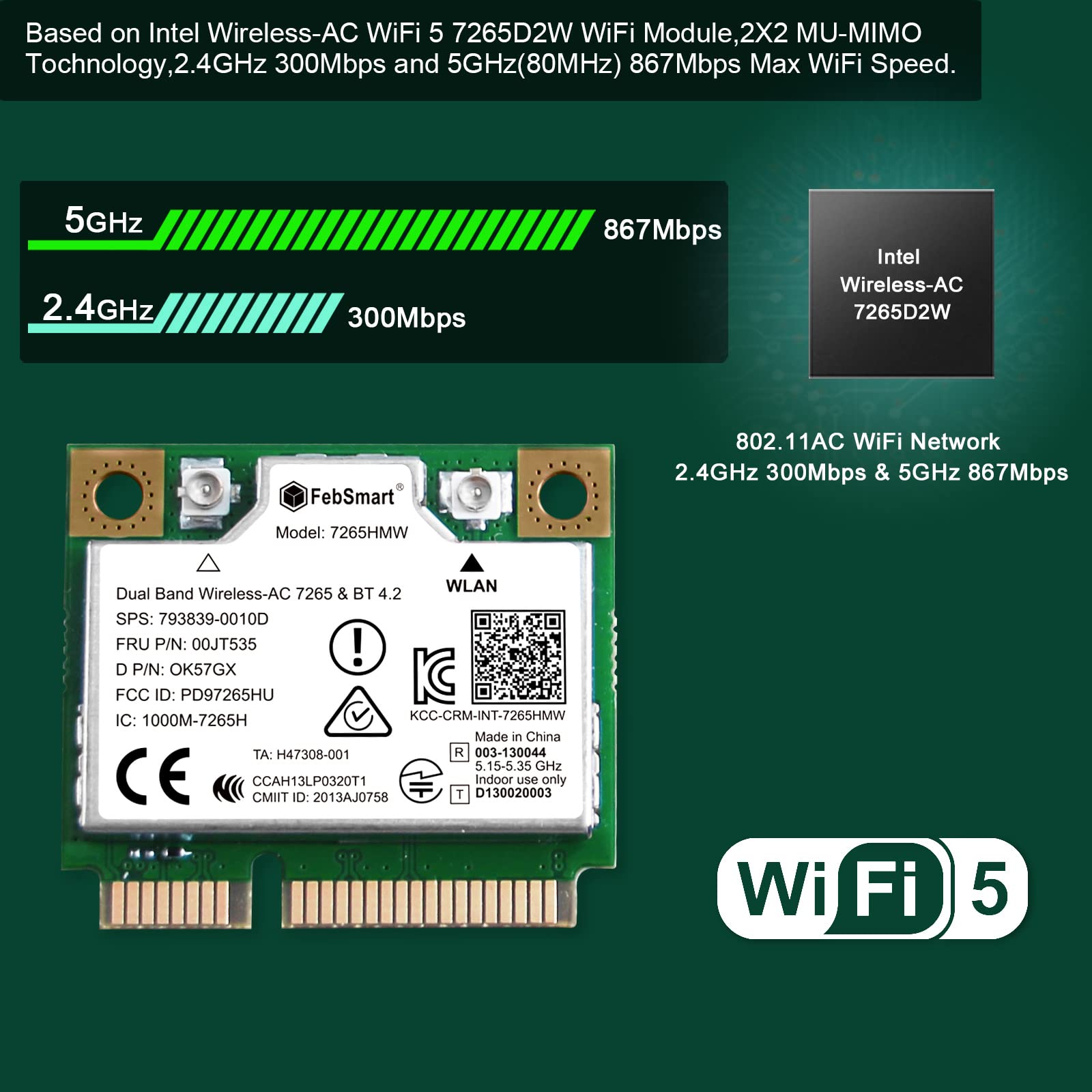 FebSmart Mini PCIE WiFi Adapter with WiFi Stereo Adapter, Wireless-AC 1200Mbps (2.4GHz 300Mbps or 5G 867Mbps), for Windows 7, 8.1, 10, 11(32/64bit) & Linux 4.2+, Wireless-AC 7265HMW