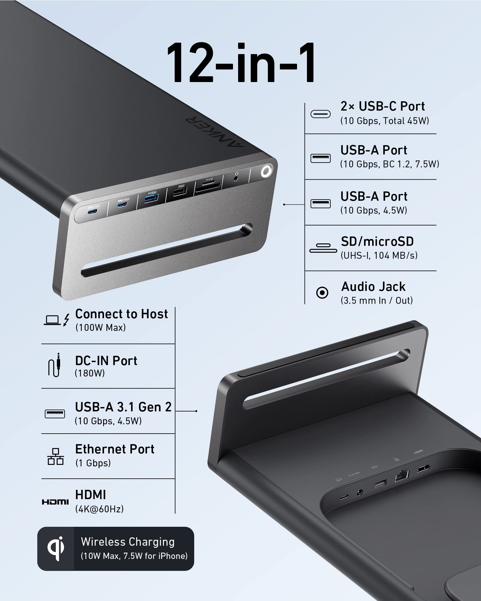 Anker 543 USB C to USB C Cable (140W, 6ft), USB 2.0 Bio-Nylon Charging Cable & Anker 675 USB-C Docking Station (12-in-1, Monitor Stand, Wireless Charging) with 10Gbps USB-C Ports, 4K@60Hz HDMI Display
