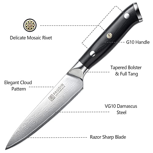 PAUDIN Utility Knife, 5'' Paring Knife, Damascus Kitchen Knife, 67-Layer Forged Blade Ultra Sharp Edge, Stainless Steel Knife, Full Tang G10 Handle with Triple Rivets, for Cutting Fruit and Vegetables