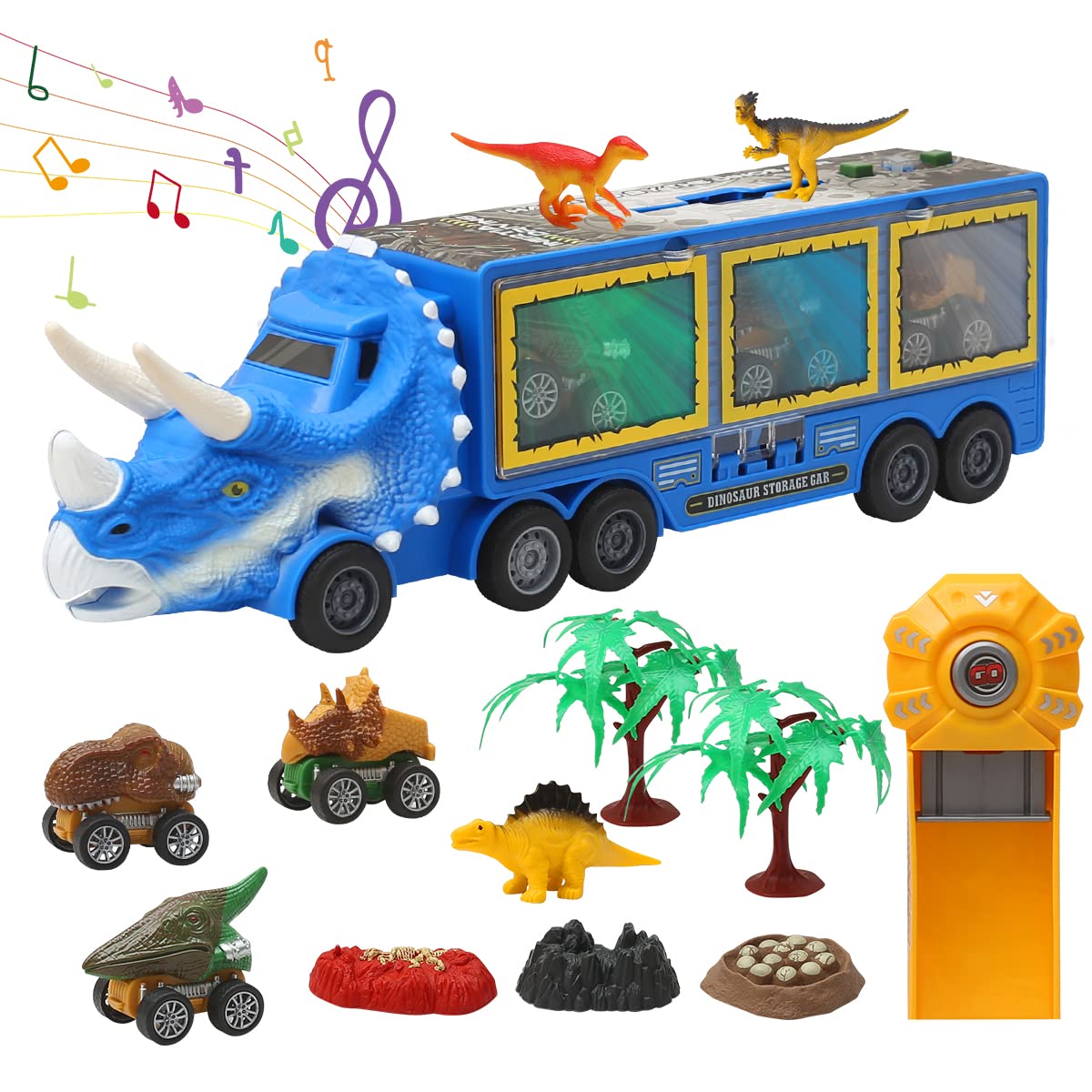 Dinosaur Toys for Kids 3-7,Toddler Dinosaur Toy with Music, Roaring Sound and Flashing Light, 14 in 1 Dinosaur Car Toy Truck with 3 Dino Cars, 3 Dino Figures, 2 Rocks, 2 Trees, 1 Ladder and 1 Door