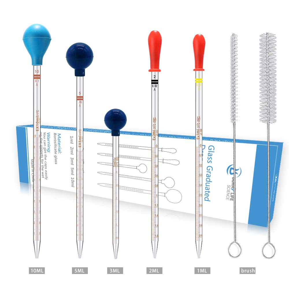 Thick Glass Graduated Dropper Pipettes with Caps Set of 5(1ml 2ml 3ml 5ml 10ml)