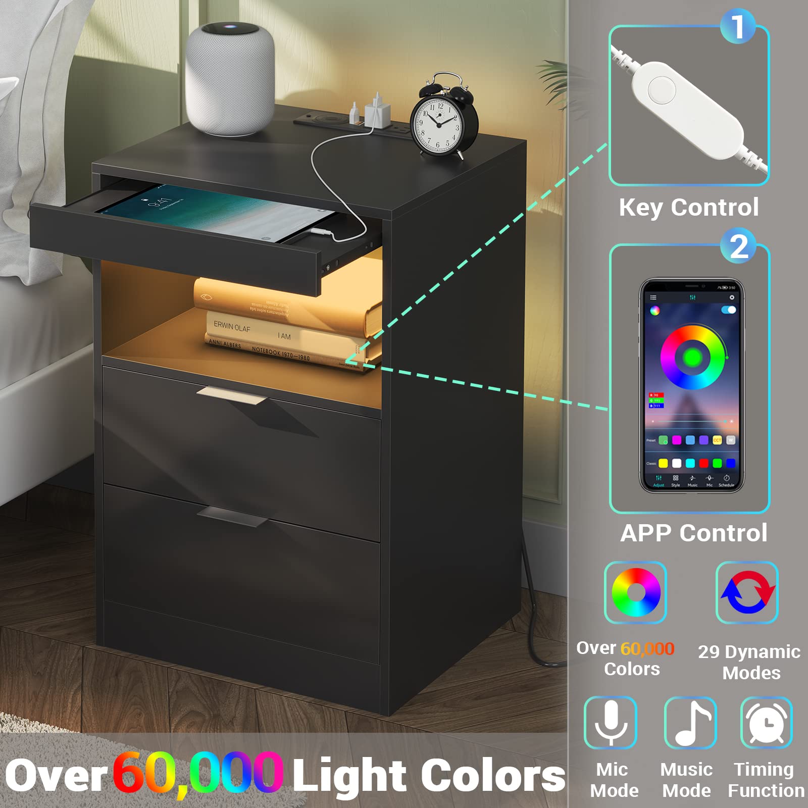 Tiptiper Black Nightstand with Wireless Charging Station and LED Lights, Bedside Table with 2 Drawers, Open Storage, 1 Pull-Out Tray, End Side Table with Charging Station, LED Night Stand with Storage