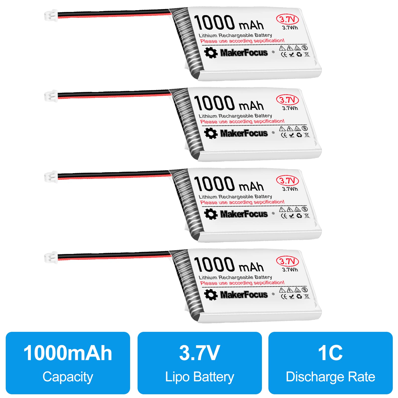 MakerFocus 4pcs 3.7V Lithium Rechargeable Battery JST1.25 Connector 2pin, 952540 3.7V 1000mAh Battery with Protection Board and Insulated Rubber Tape Compatible with ESP32 Development Board
