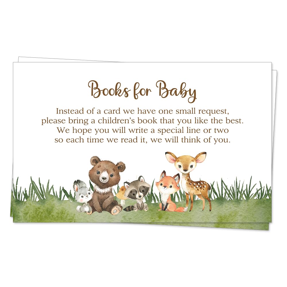 The Invite Lady Woodland Baby Shower Book Request Cards Forest Animals Deer Fawn Fox Bunny Rabbit Raccoon for Girl Boy Baby Shower Unisex Gender Neutral Ivory Brown Orange (25 Count)