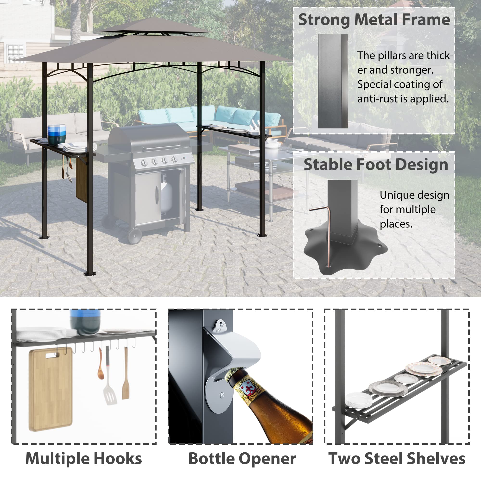 8 x 5 FT Grill Pergola Tent with Air Vent Double Tiered BBQ Gazebo Outdoor Barbecue Canopy, Khaki