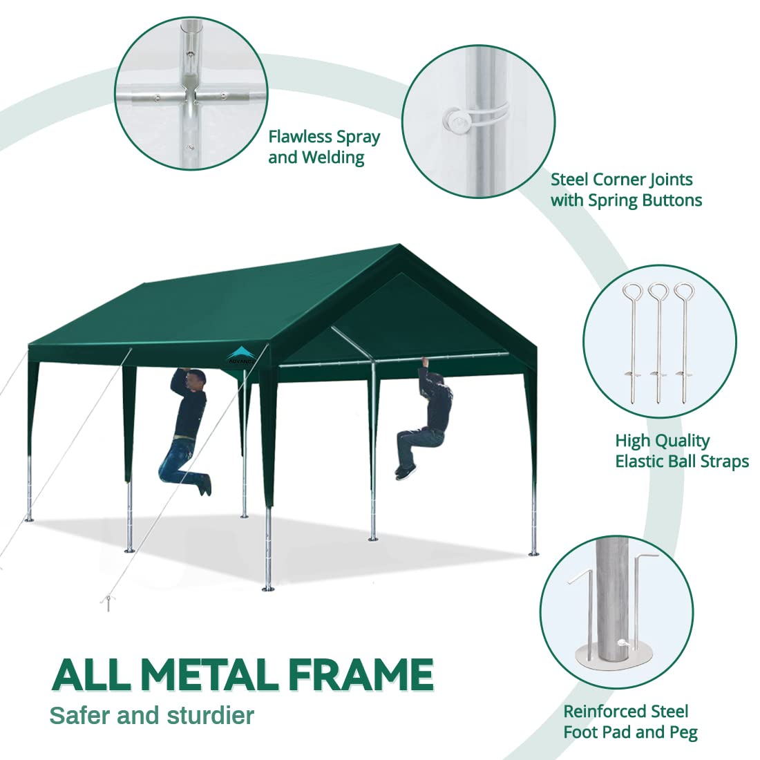 ADVANCE OUTDOOR 10x20 ft Carport with Adjustable Height from 9.5 ft to 11 ft, Heavy Duty Car Canopy Garage Party Tent Boat Shelter, Green