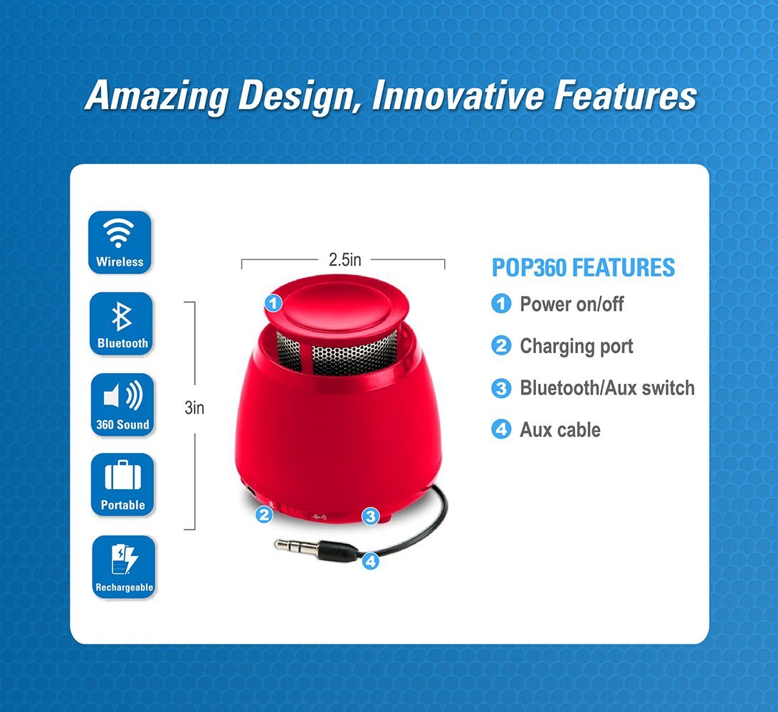 BLKBOX Wireless Bluetooth Speaker POP360 Hands Free Bluetooth Speaker - for iPhones, iPads, Androids, Samsung and All Phones, Tablets, Computers (Rockin' Red)