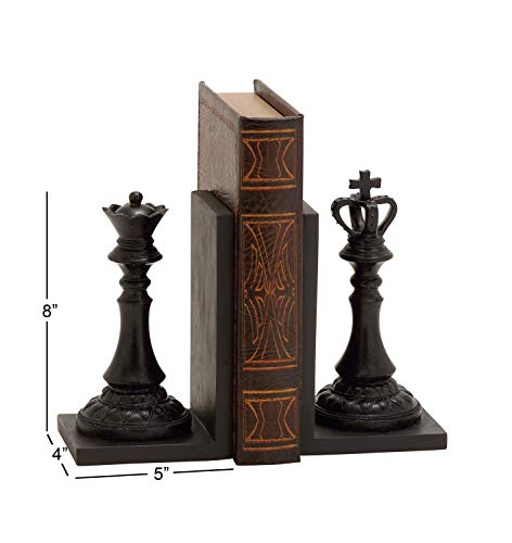 Deco 79 Resin Chess Bookends with King and Queen, Set of 2 5"W, 8"H, Black