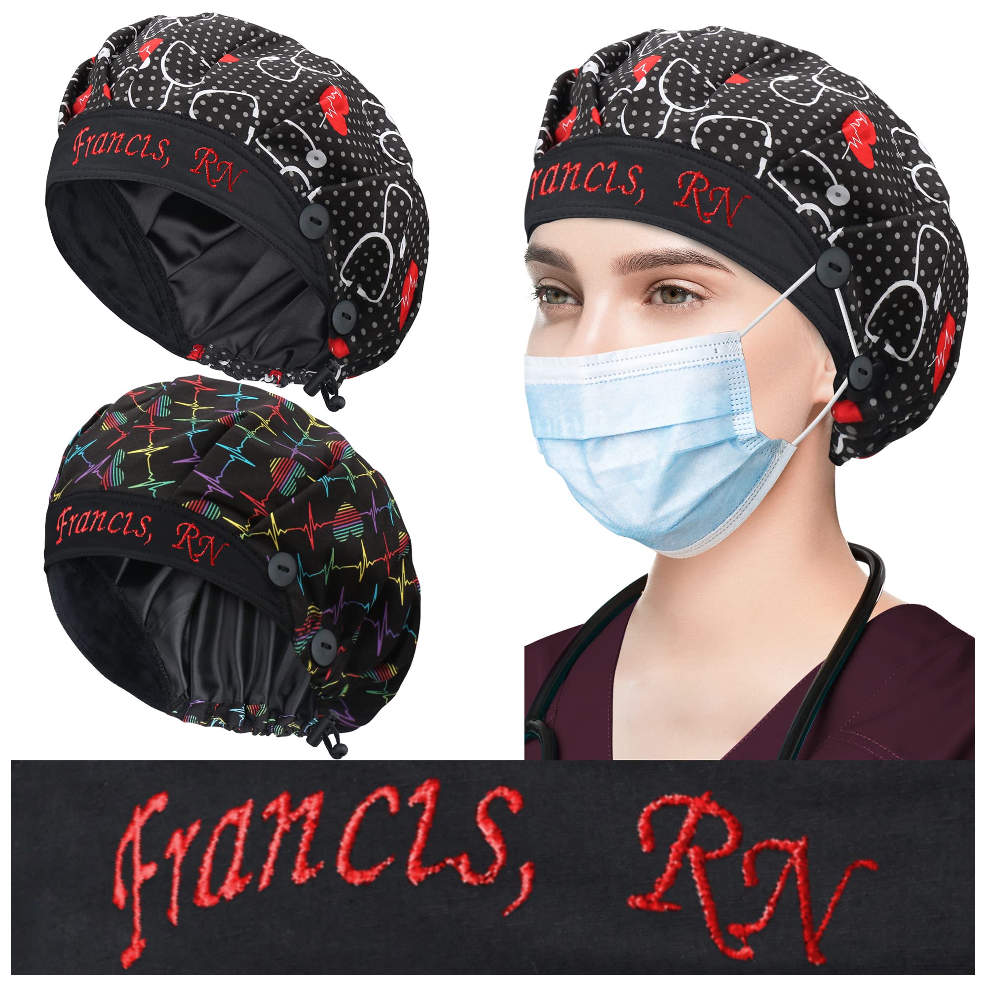 ABAMERICA 2 Pack Bouffant Caps with Button and Sweatband, Adjustable Scrub Caps for Women Men, One Size Fits All