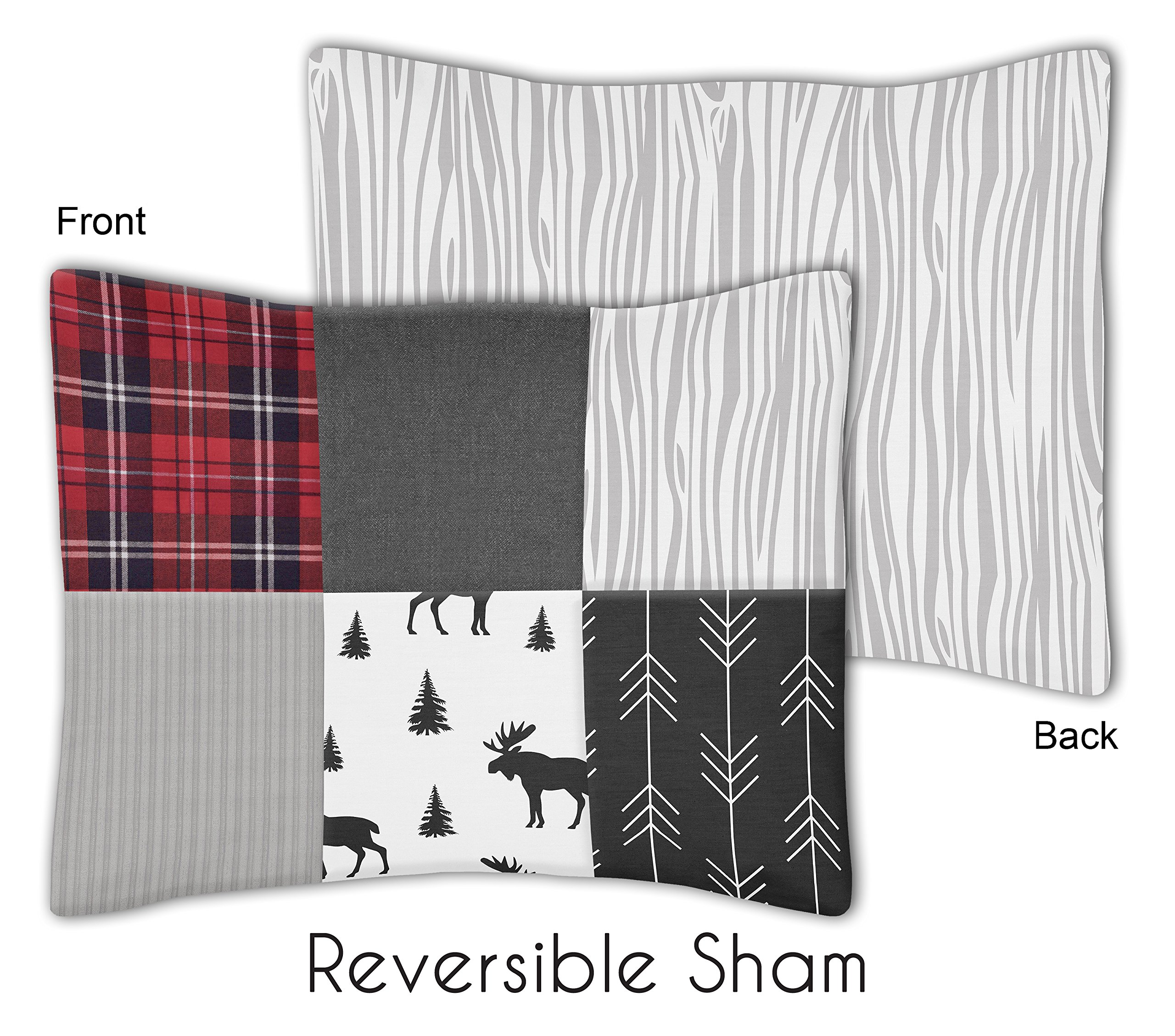 Sweet Jojo Designs Grey, Black and Red Woodland Plaid and Arrow Rustic Patch Boy Toddler Kid Childrens Bedding Set - 5 Pieces Comforter, Sham and Sheets - Flannel Moose Gray