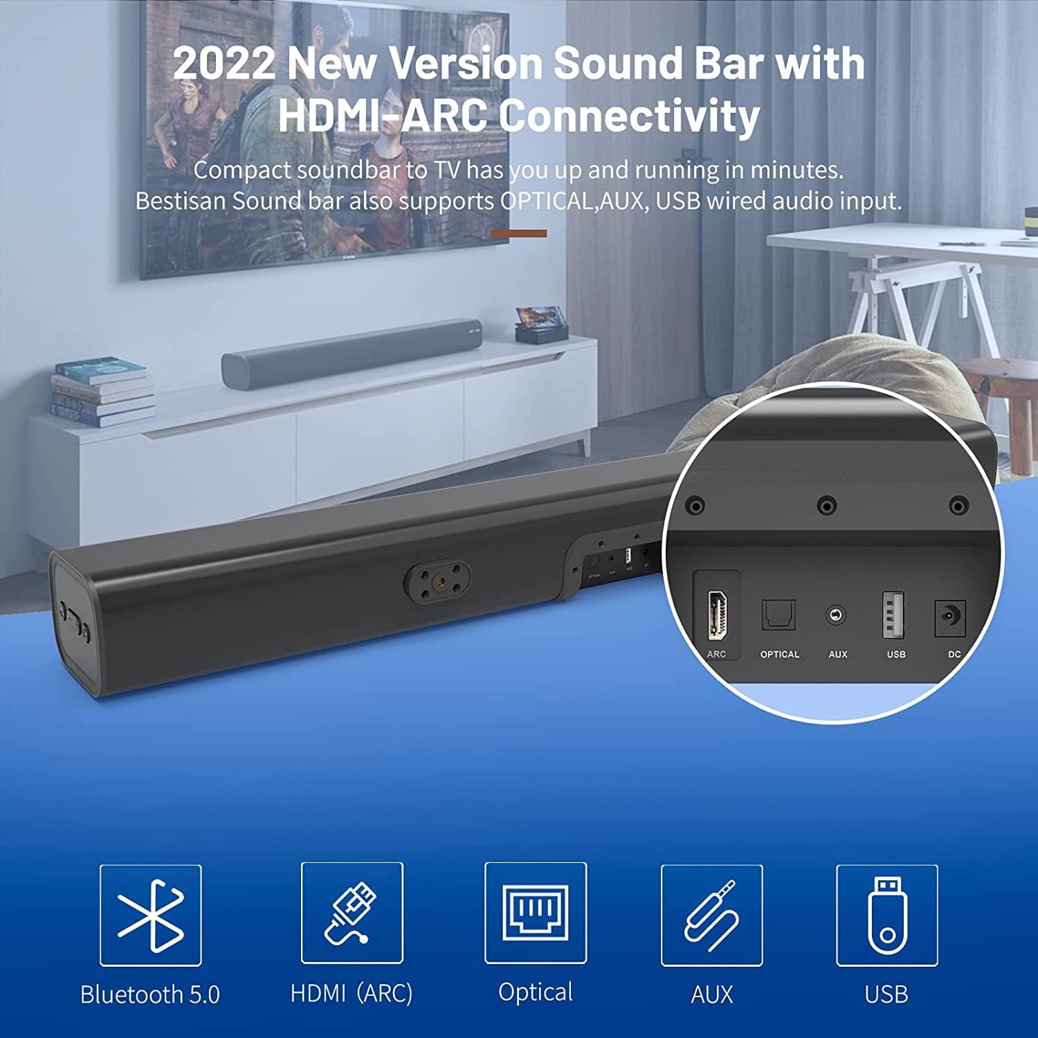 BESTISAN TV Sound Bar, 100Watts Soundbar for TV, Wireless Sound Bars with HDMI-ARC and Bluetooth/Optical/AUX/USB. TV Speakers for Home Theater/Gaming. (Remote Control,Wall Mountable)