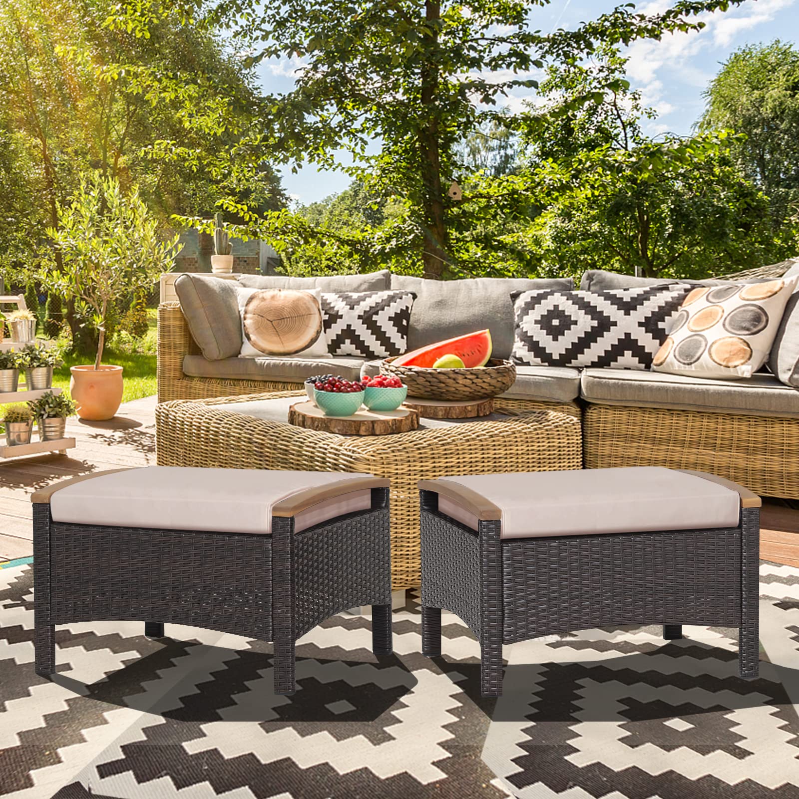 RELAX4LIFE Outdoor Wicker Ottomans for Patio - 2 Pieces PE Rattan Ottoman, Footrest Seat with Zippered Cushions, Acacia Wood Handles, 3-in-1 Footstool, Side Table for Poolside, Backyard (Brown)