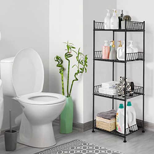 OYEAL Bathroom Shelves Freestanding Bathroom Towel Storage 4 Tier Wire Shelving Unit with Guard Bathroom Shelf Organizer Standing for Pantry Kitchen Laundry Room Organization, Black
