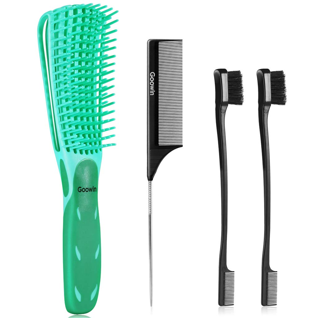 4Pcs Detangling Brush, Goowin Detangler Brush, Easy Detangler Brush for Natural Hair with Edge Brush & Tail Comb (Green)