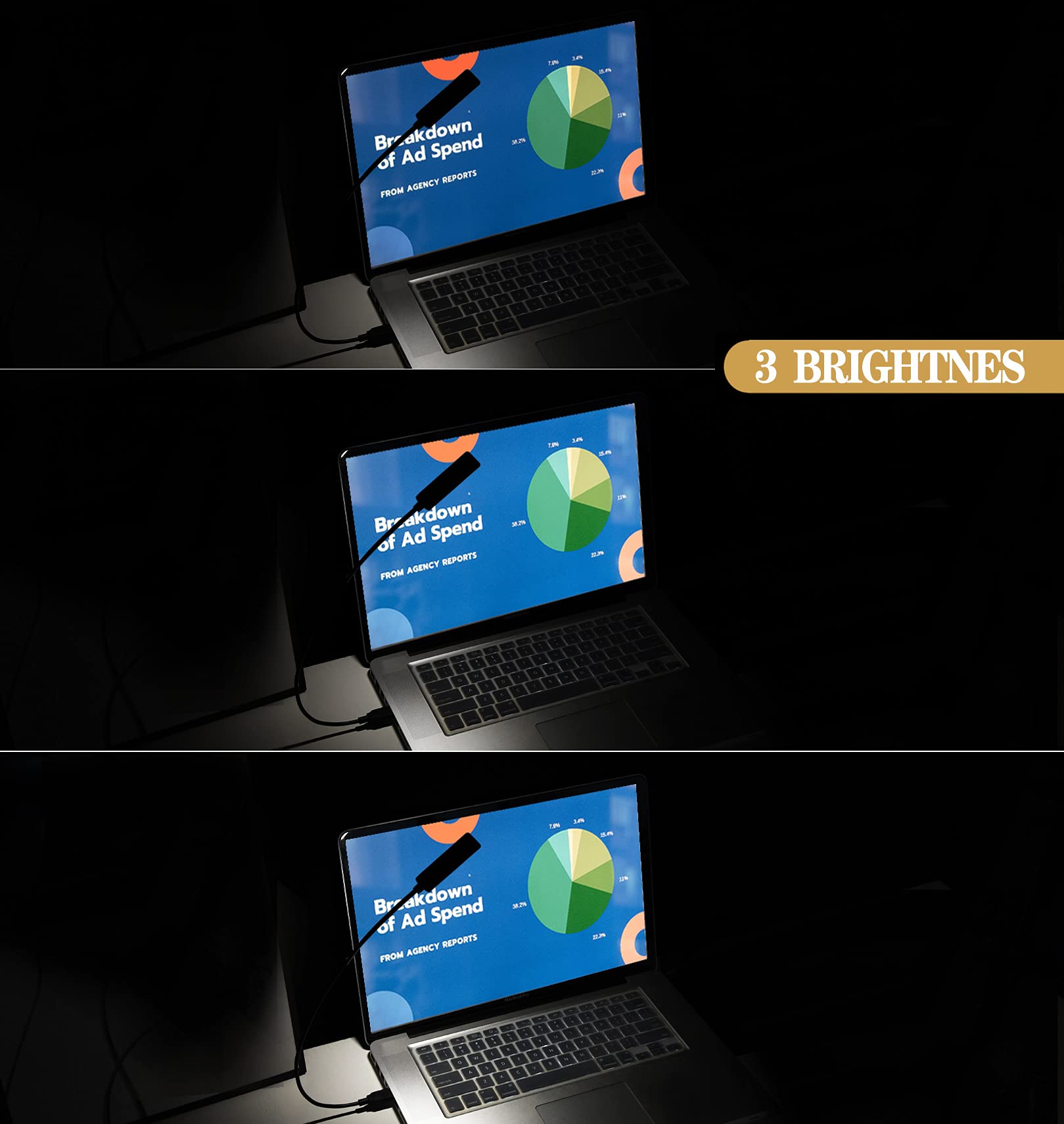 ORIEMARS USB Reading Light, Laptop Light,Keyboard Light for Computer Adjustable Gooseneck, 3 Color x 3 Brightness USB Lamp/1pc + 3pcs Mini LED Lights (1 + 3)