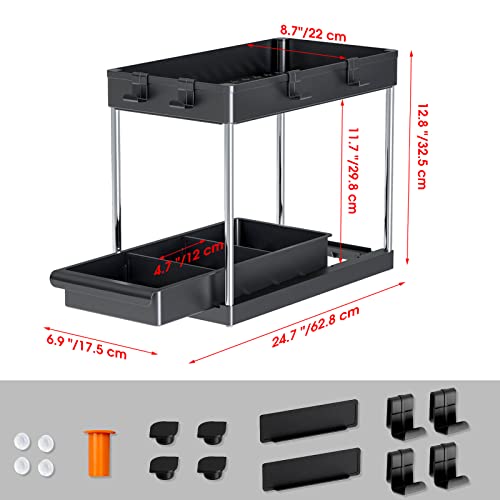 BuyBuyQUEEN 2 Pack Under Sink Organizers and Storage,2 Tier Kitchen Sink Organizer,Under the Sink Pull Out Cabinet Organizer with 4 Hooks Sliding Shelf for Bathroom Organization