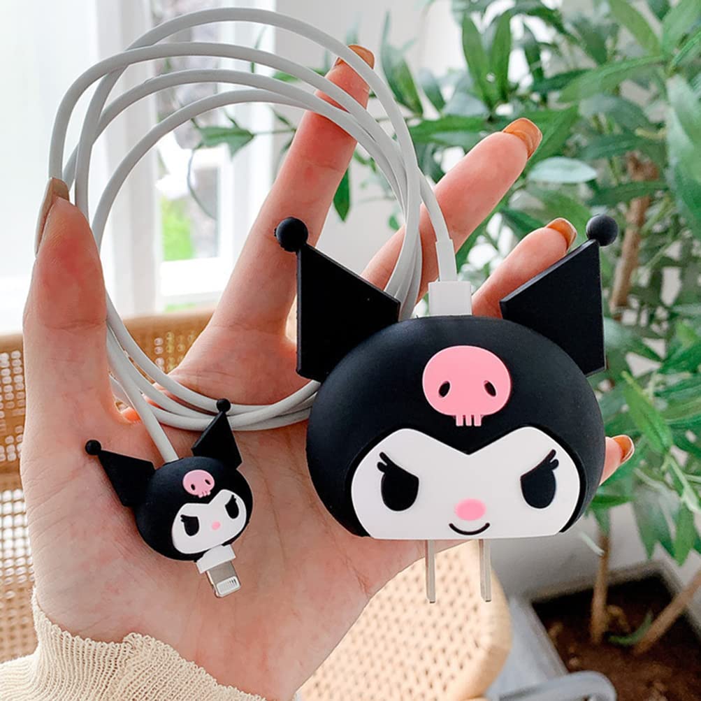 3D Protective Case for iPhone 20W USB-C Power Adapter Charger USB Lightning Cable, Cute Cartoon Series Soft Silicone Fast Lightning Chargers Cable Protective Cover for iPhone Charger (Black Hood)