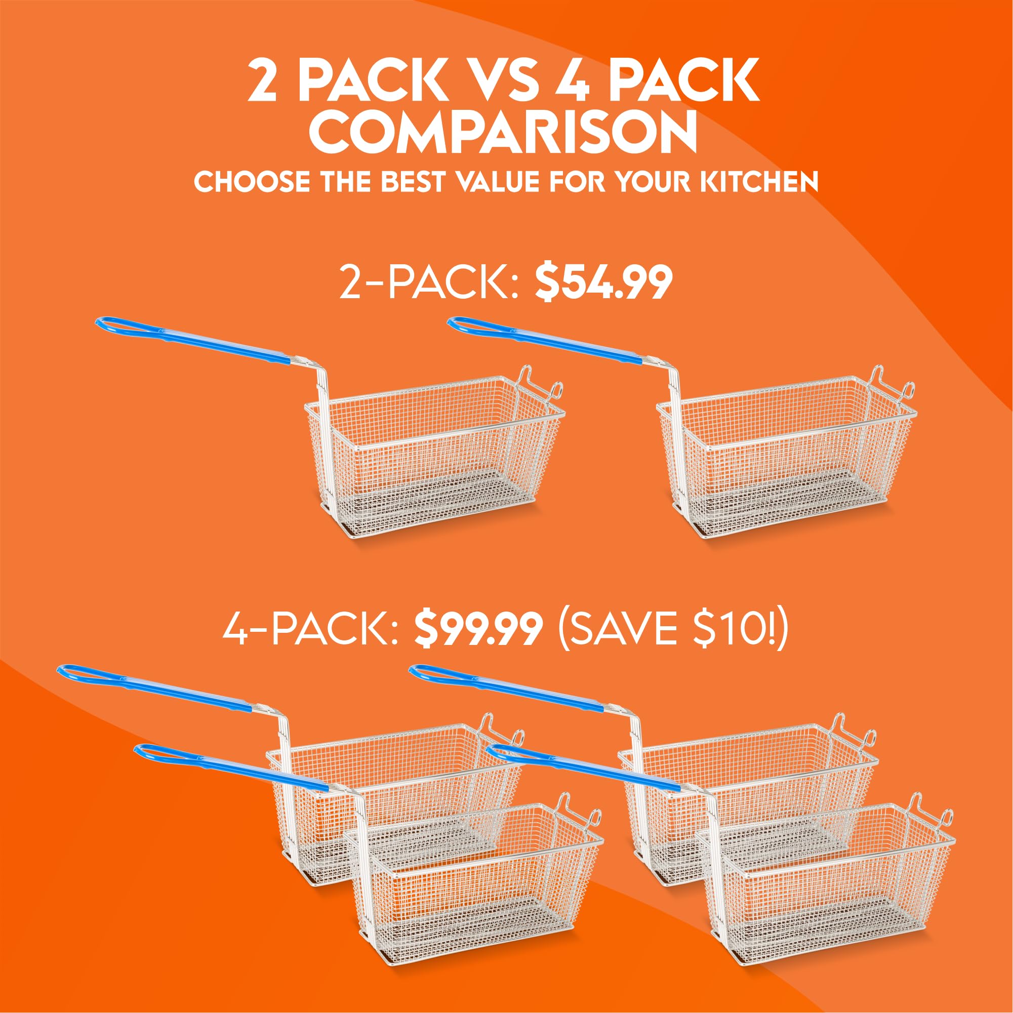 Cuisine Ready Deep Fryer Basket | 2 Pack | Stainless Steel | Commercial Fry Basket with Handle | 13.25" x 6.5" x 5.9" | Heavy Duty Restaurant Quality