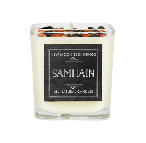 Samhain Halloween Candle by New Moon Beginnings - Fall Scented Pumpkin Candles - Herb & Crystal Candles - Soy Candle - Autumn Fall Candles