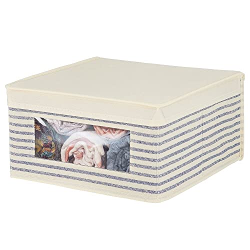 mDesign Medium Fabric Stackable Closet Storage Organizer Box, Front Window/Lid for Bedroom, Office, Mudroom Organization, Hold Clothes, Blankets, Linens, Lido Collection, 4 Pack, Natural/Blue Stripe
