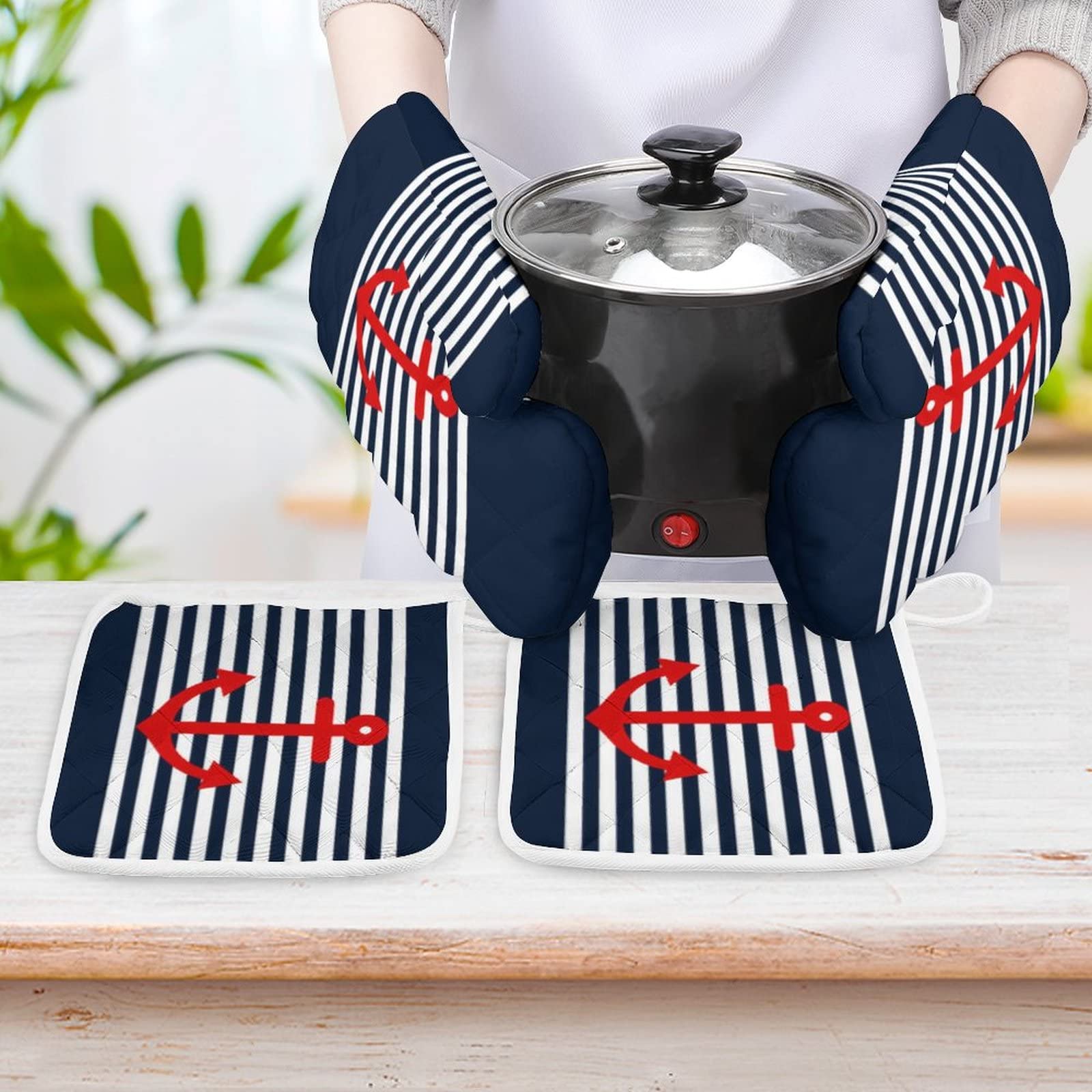 4PCS Oven Mitts Glove Kitchen Heat Resistant Pot Holders Set Navy Blue Nautical Kitchen Microwave Oven Gloves Mitts Anti-Scald Baking Cooking Gloves
