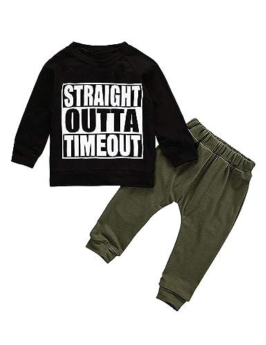 Toddler Baby Boy Clothes Long Sleeve Funny Letter Sweatshirt Top + Camouflage Pants Outfit Set (A-Black, 3-4T)
