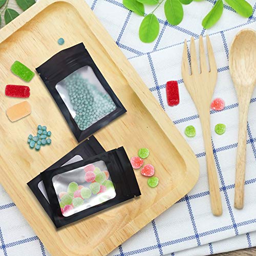STUs 100 Pack Smell Proof Bags - 3 x 4.7 Inch Resealable Mylar Bags with Clear Window Foil Pouch Bag Flat Bag Matte Black