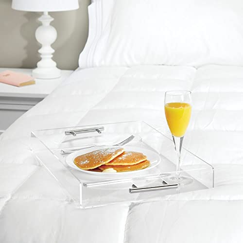 mDesign Modern Acrylic Rectangular Serving Tray with Handles for Food, Tea, Coffee, Breakfast, Snacks, Cheese, Appetizers - Use in Kitchen, Bathroom, Office - Small, 2 Pack - Clear/Stainless Steel