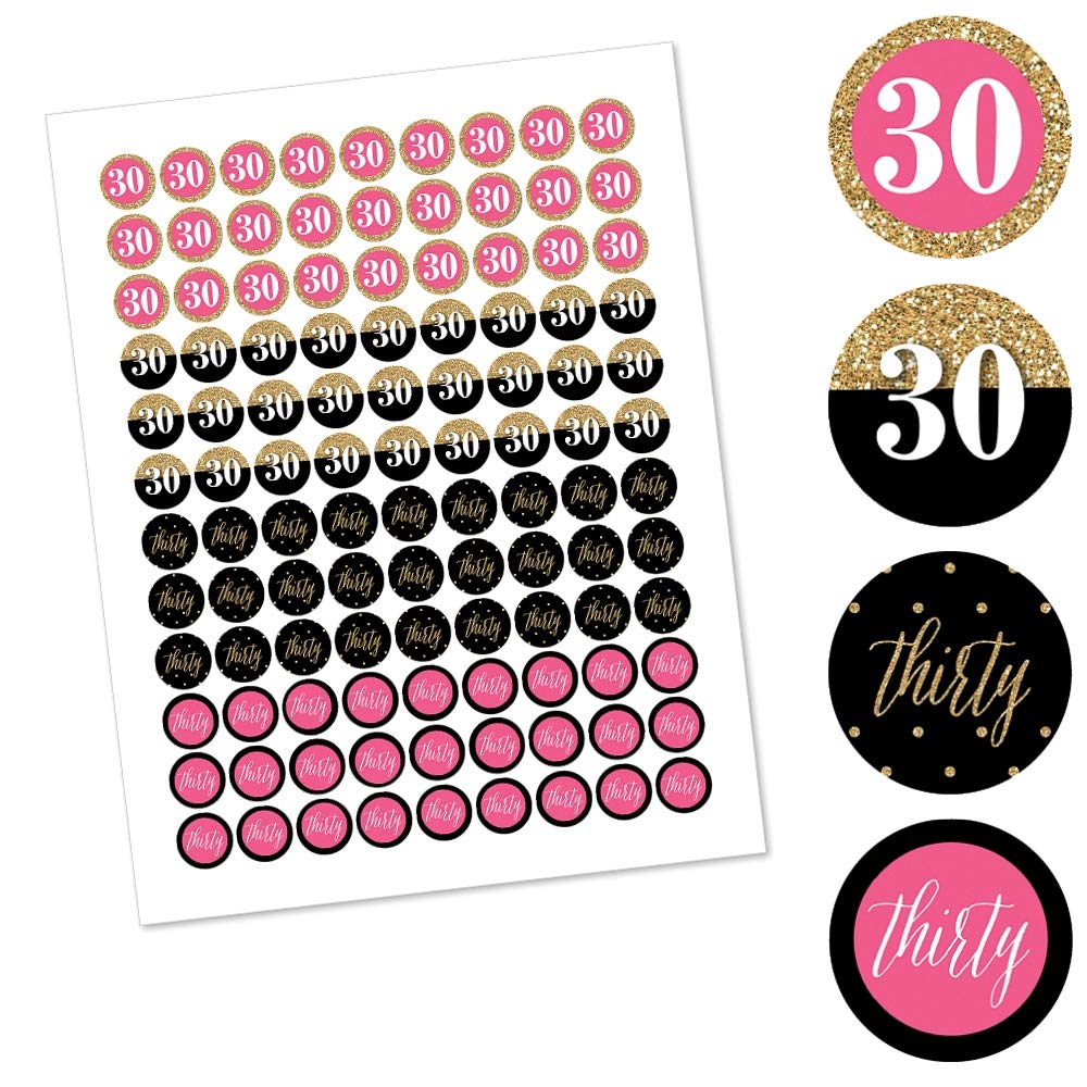 Big Dot of Happiness Chic 30th Birthday - Pink, Black and Gold Round Candy Sticker Favors – Labels Fit Chocolate (1 Sheet 108)
