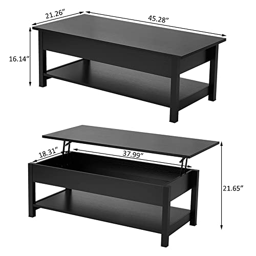 Panana Lift Top Coffee Table with Hidden Compartment & Open Storage Shelf, Lift Tabletop Farmhouse Table Pop Up Table for Living Room,Home Office Reception, 45.28" L x 21.16" W x 16.14" H (Black)