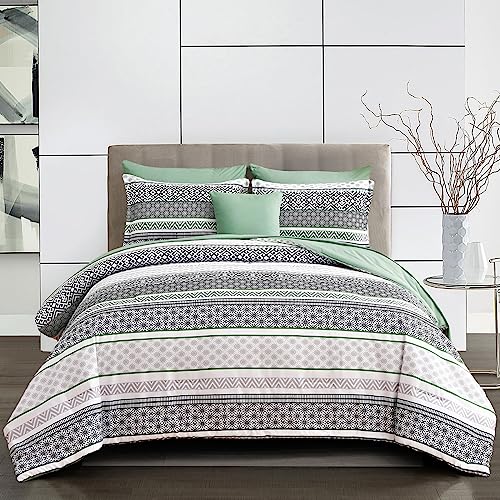 Luxudecor Boho Comforter Set Queen Size 7 Piece, Green Bohemian Bed in a Bag, Striped Comforter and Sheet Set, Soft Microfiber Bedding Set for All Season(Green, 90"x90")