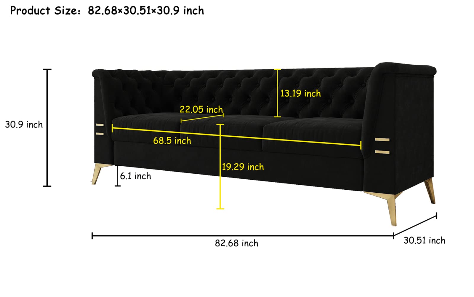 Tomkate Chesterfield Sofa, 82" Velvet Upholstered 3 Seater Couches with Flared Arms and Removable Cushions, Mid-Century Modern Sofa Couch with Solid Wood Frame and Gold Legs for Living Room (Black)