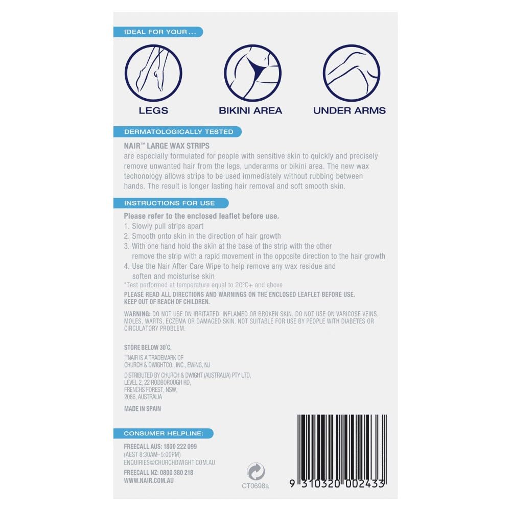 Nair Sensitive Large Hair Remover Wax Strips, 20 Count