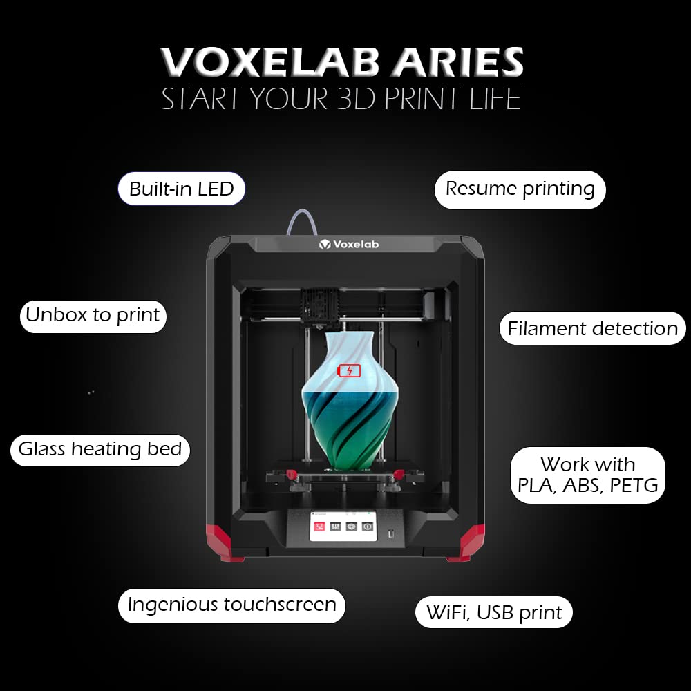 Voxelab Aries 3D Pinter, Dual Z-axis Rails & Fully Assembled Semi-auto Leveling FDM Printer with Filament Sensor, Carborundum Glass Platform, Printing Size 200 x200 x 200 mm